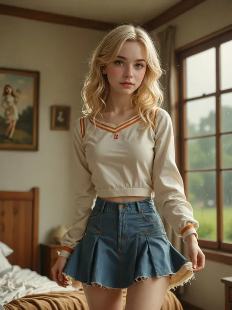 Arafed woman in a skirt and shirt standing in a bedroom - SeaArt AI