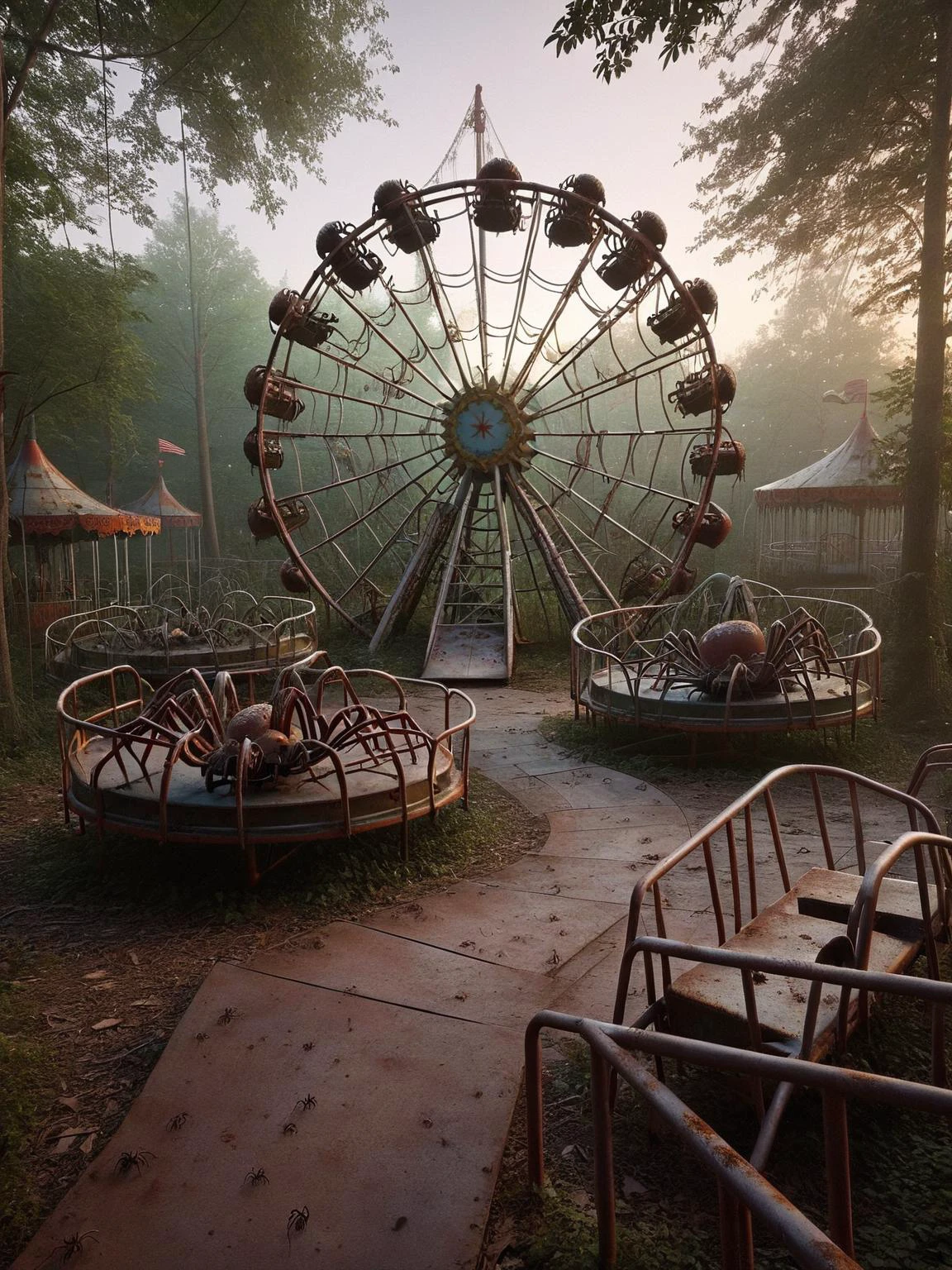 An abandoned amusement park at dusk, with rusting roller coasters and silent merry-go-rounds ...