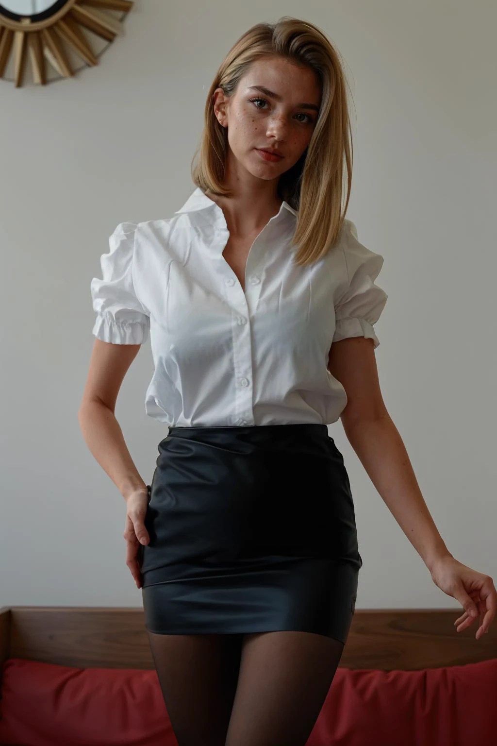 Arafed woman in a white shirt and black skirt posing for a picture - SeaArt AI