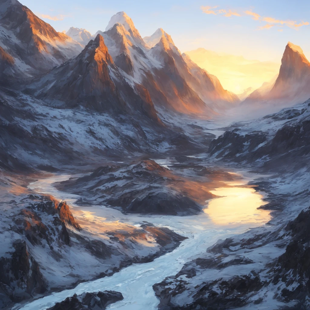 A painting of a mountain scene with a river in the foreground - SeaArt AI