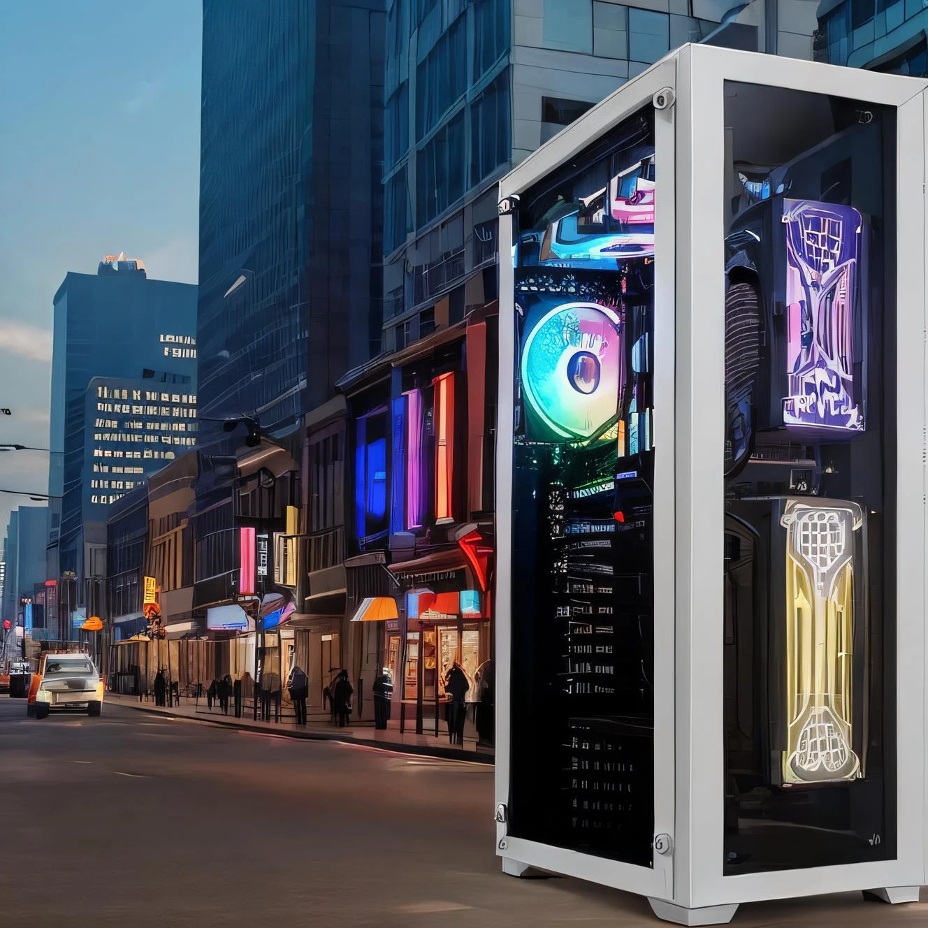 A close up of a computer case on a city street - SeaArt AI
