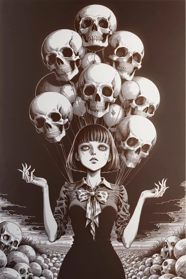 a painting of a woman holding a bunch of skull balloons, disturbing ...