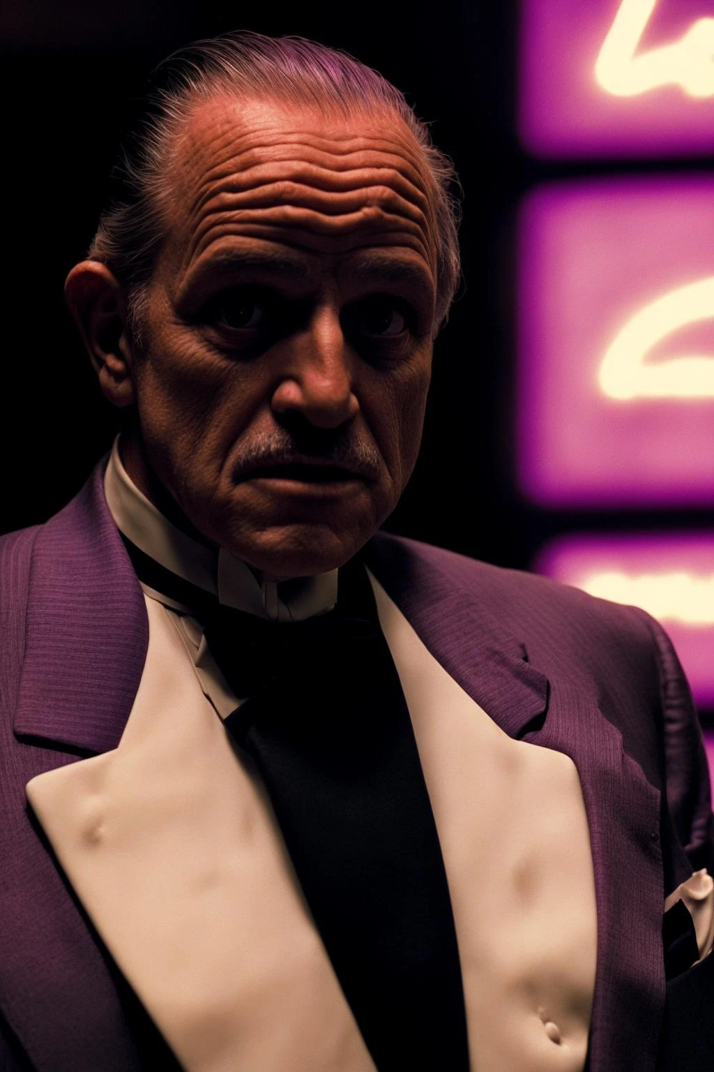 a photo of a 60 year old spanish man in a tuxedo at a casino, purple ...