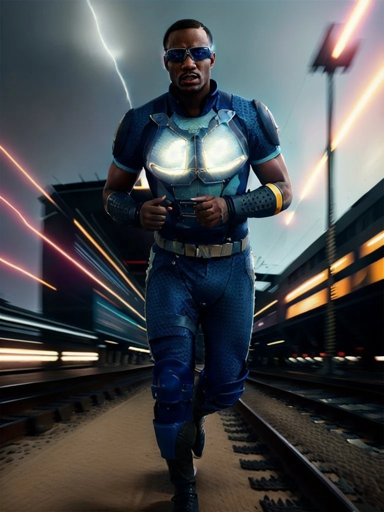 A man in a blue suit running on a train track - SeaArt AI