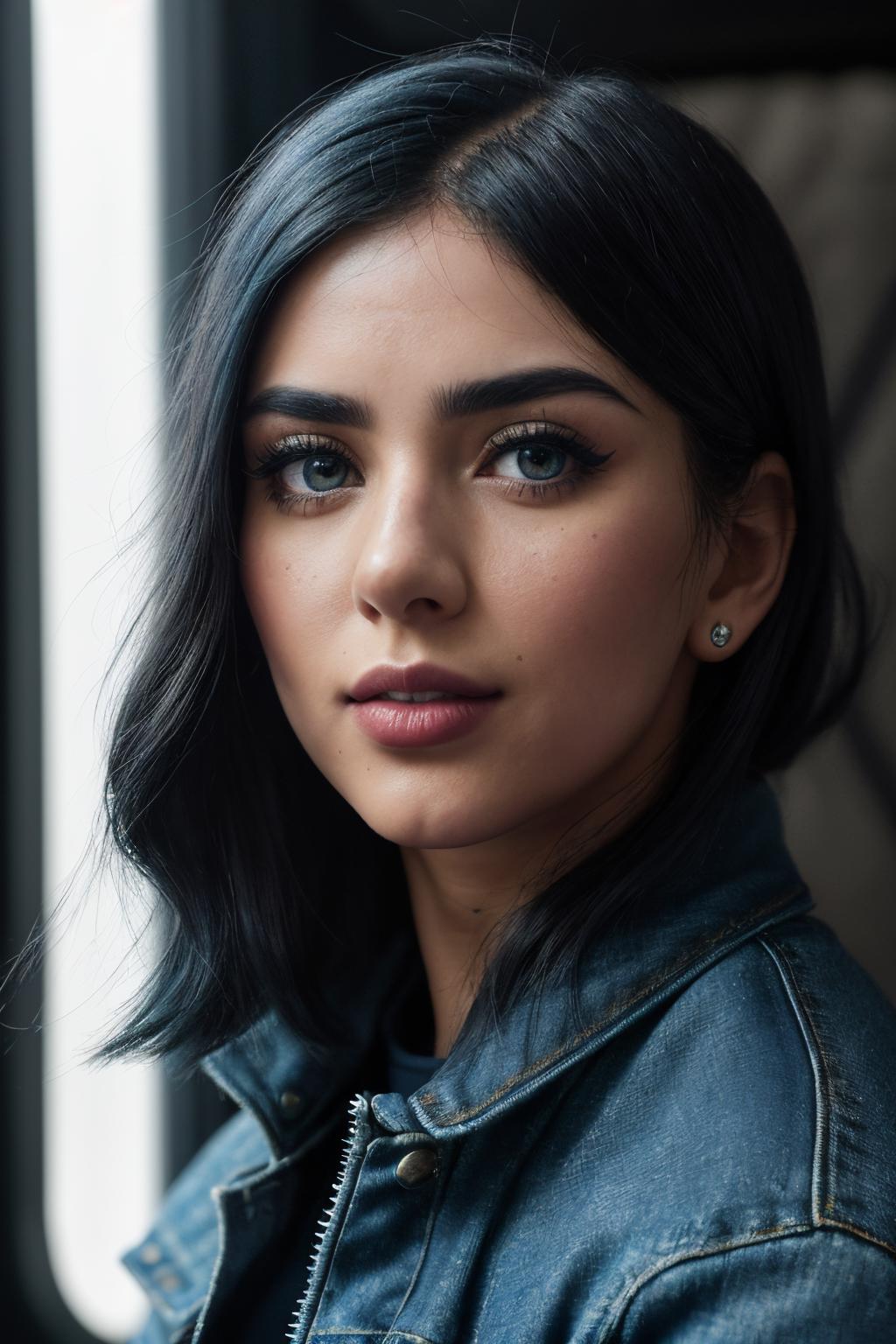 A close up of a woman with a denim jacket and earrings - SeaArt AI