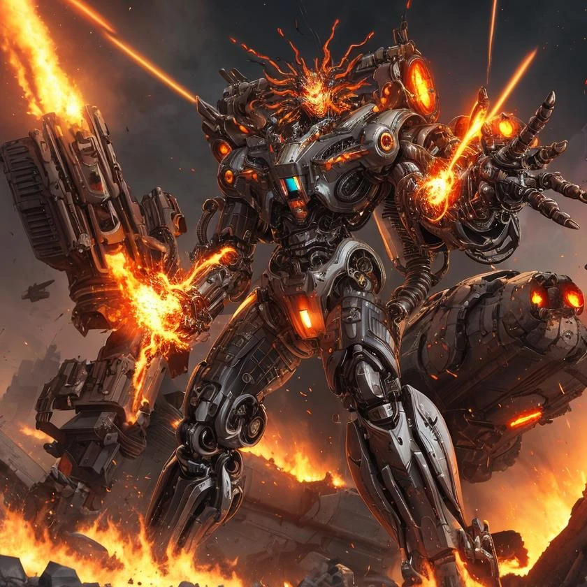 mechanical cyborg, battle, burning city, high mechanical detailed ...