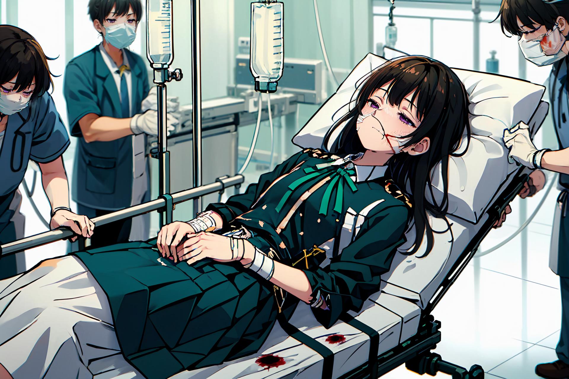 Anime characters in hospital setting with a patient in a bed - SeaArt AI