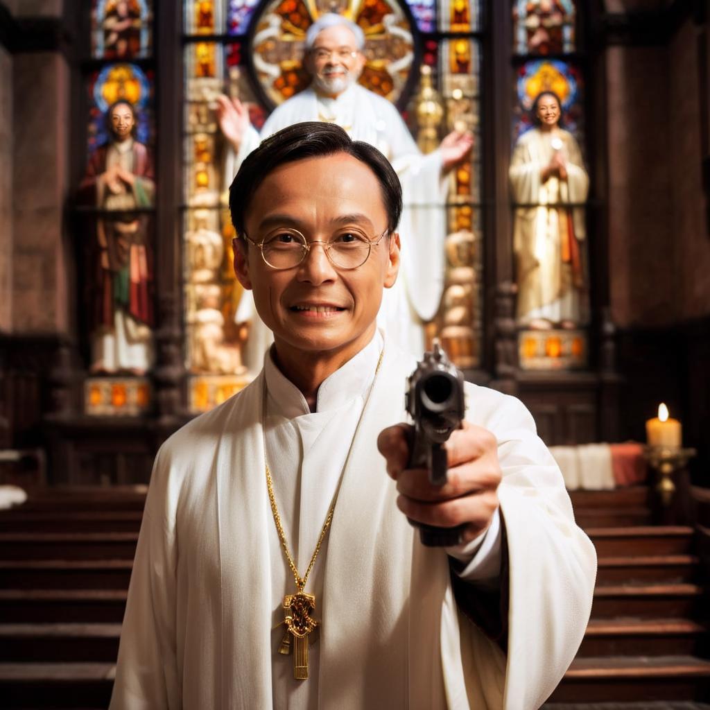 A man in a priest's robes holding a gun in front of a church - SeaArt AI
