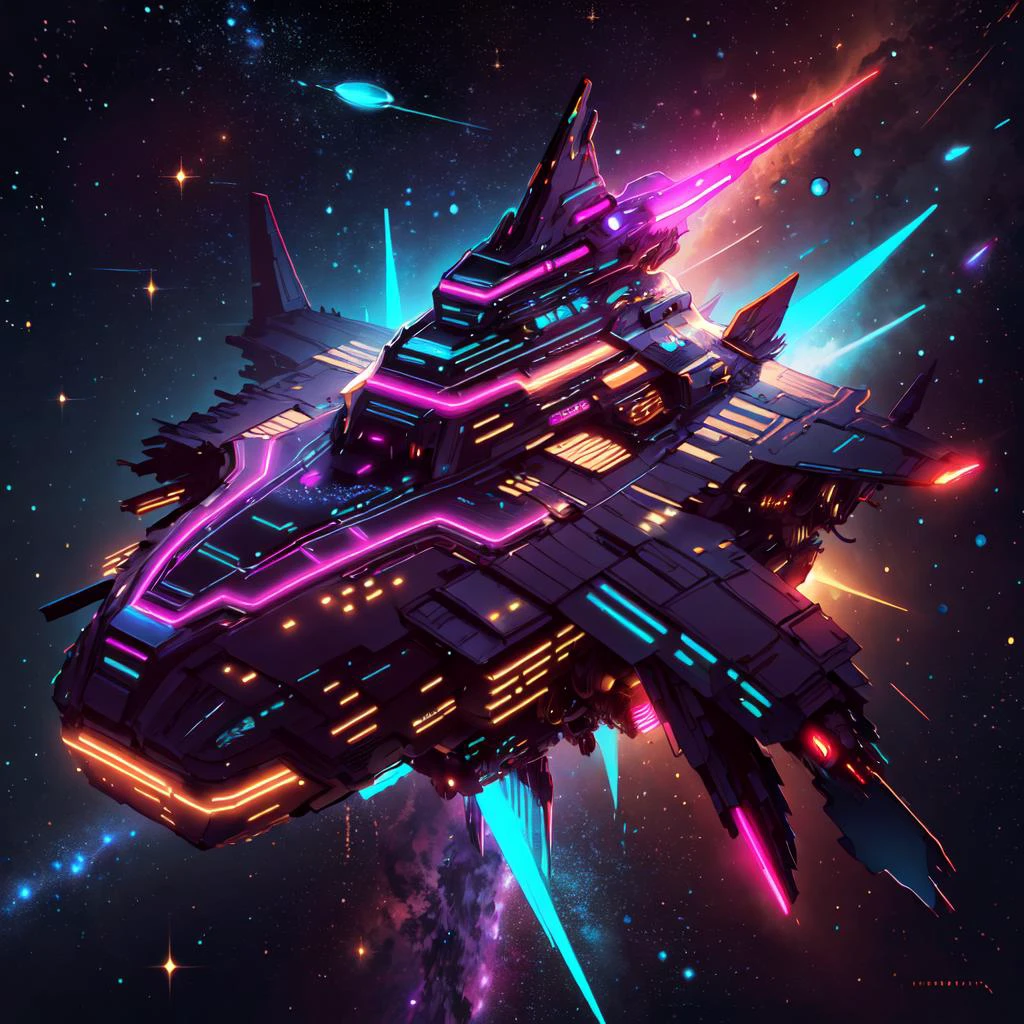 A spaceship with neon lights flying through the sky - SeaArt AI