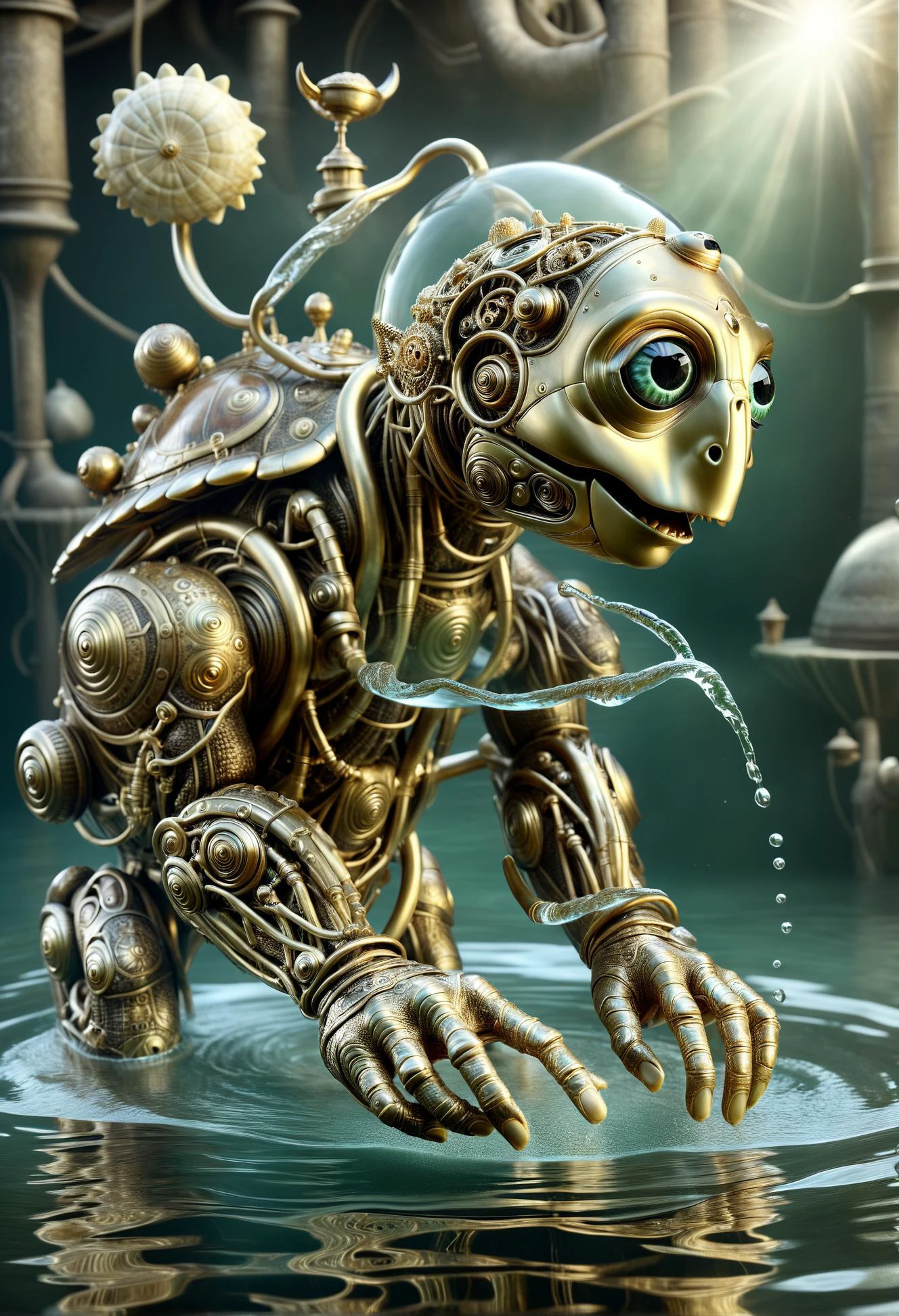 A close up of a robot in a body of water - SeaArt AI