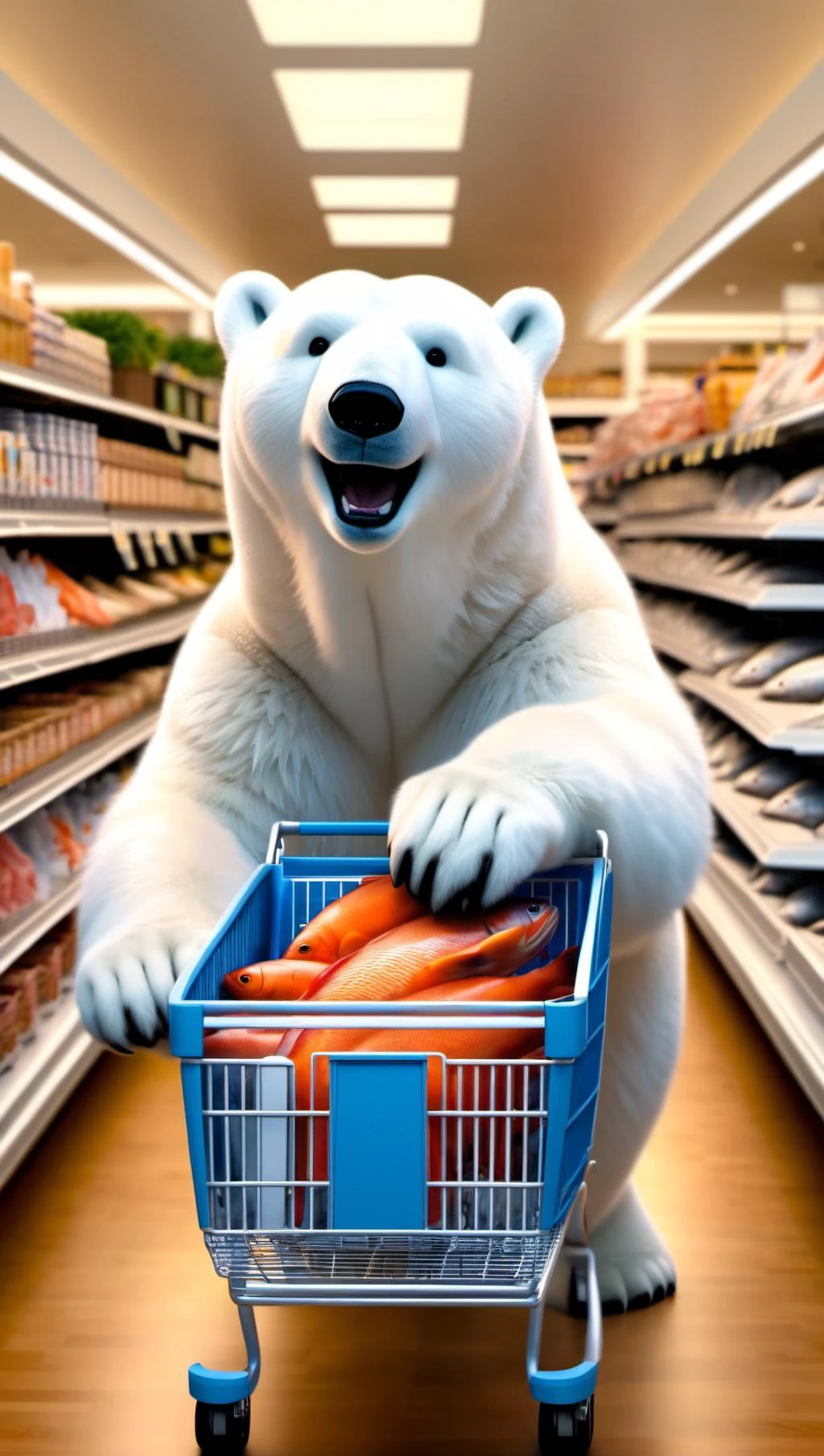 Arafed polar bear pushing a shopping cart in a grocery store - SeaArt AI