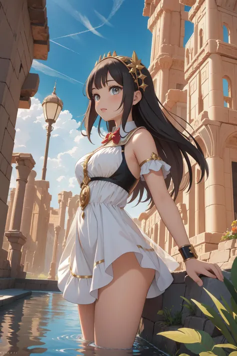 A woman in a white dress standing in front of a building - SeaArt AI