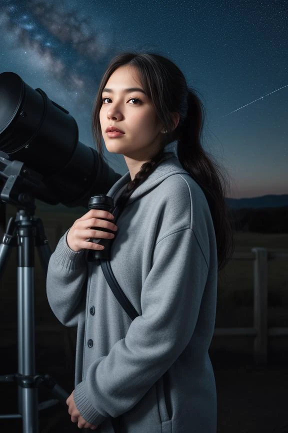 A woman looking through a telescope at the night sky - SeaArt AI