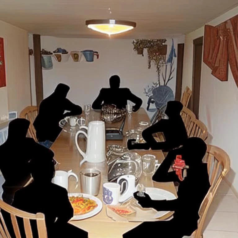 Several people sitting at a table with plates of food and drinks ...