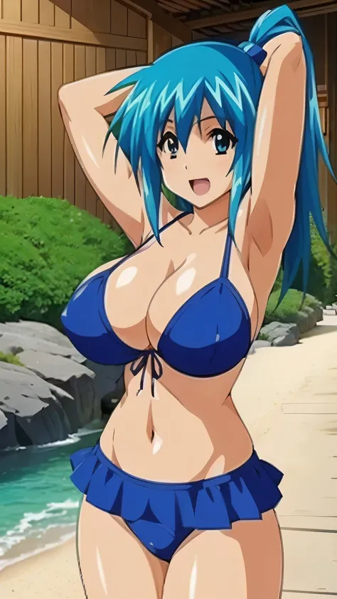 high quality、1 girl,misaki kureha,(gigantic breasts:1.1),blue hair,side ponytail、smile - SeaArt AI